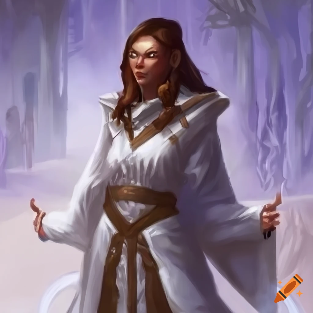 Mtg art of a female human wizard in white robe