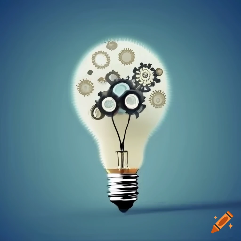 Illustration of a lightbulb with gears on Craiyon