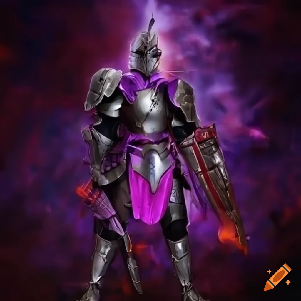 Anime knight standing on a fiery battlefield