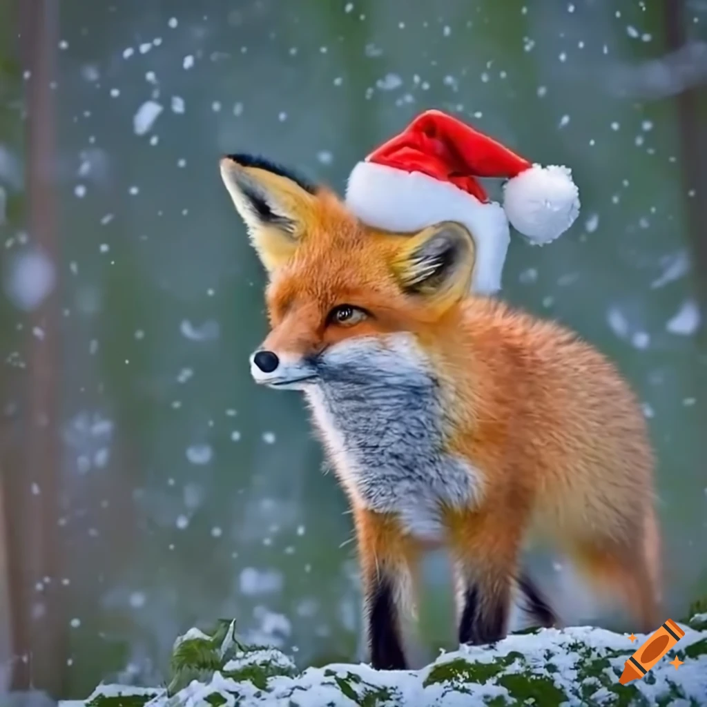 Fluffy fox with a santa hat in a snowy forest