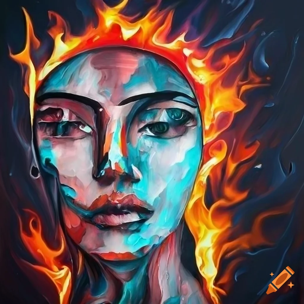 Abstract painting with geometric face on fire and water on Craiyon