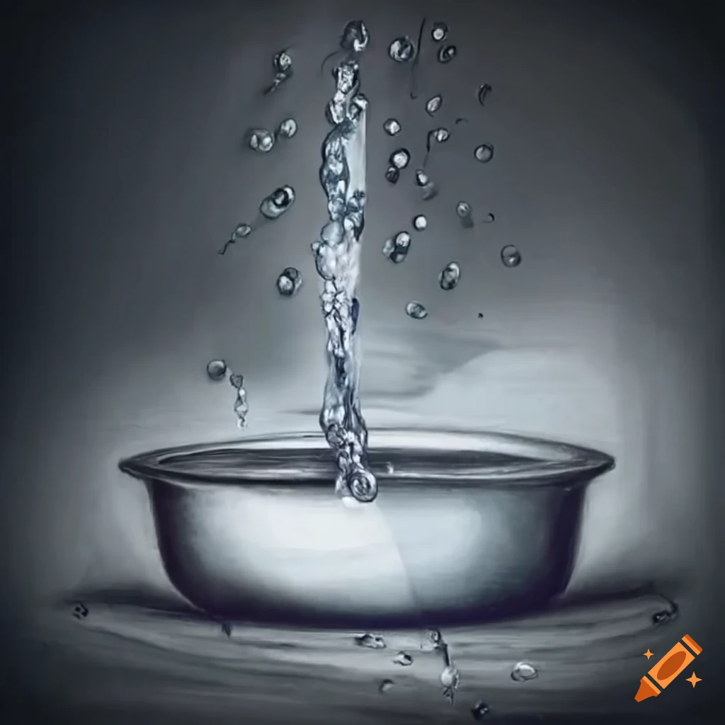 Pencil drawing of water pouring into a metal sink