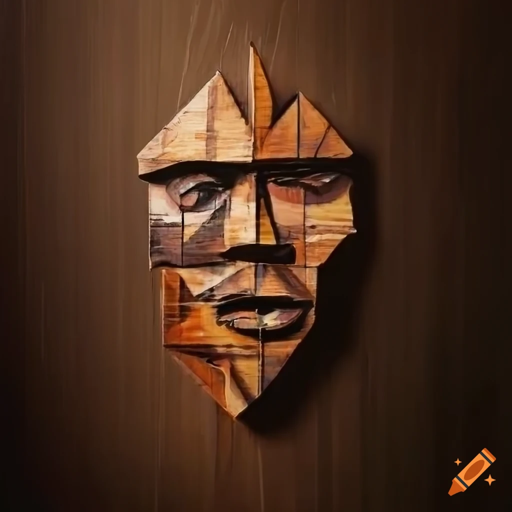 Geometric wooden face painting with fire and water elements on Craiyon