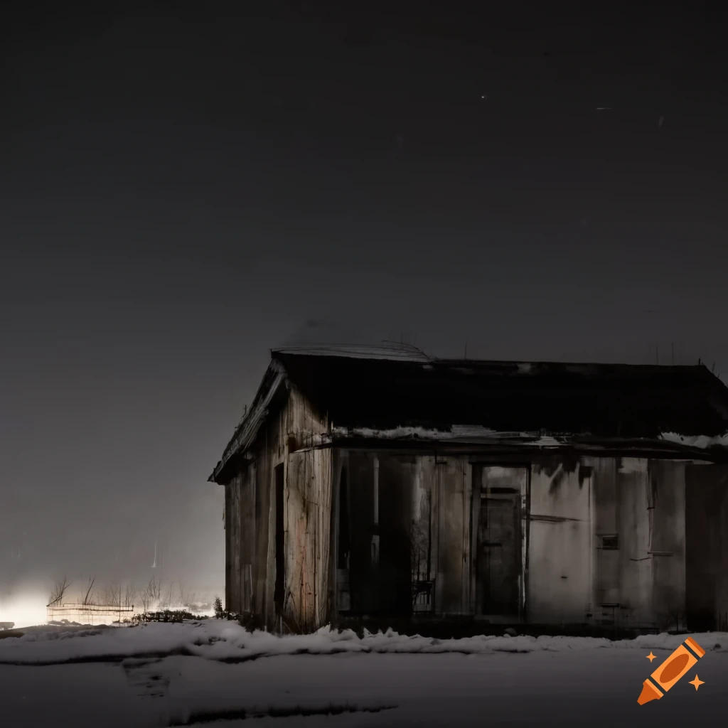 Night scene of snowy field with abandoned shed and distant factory