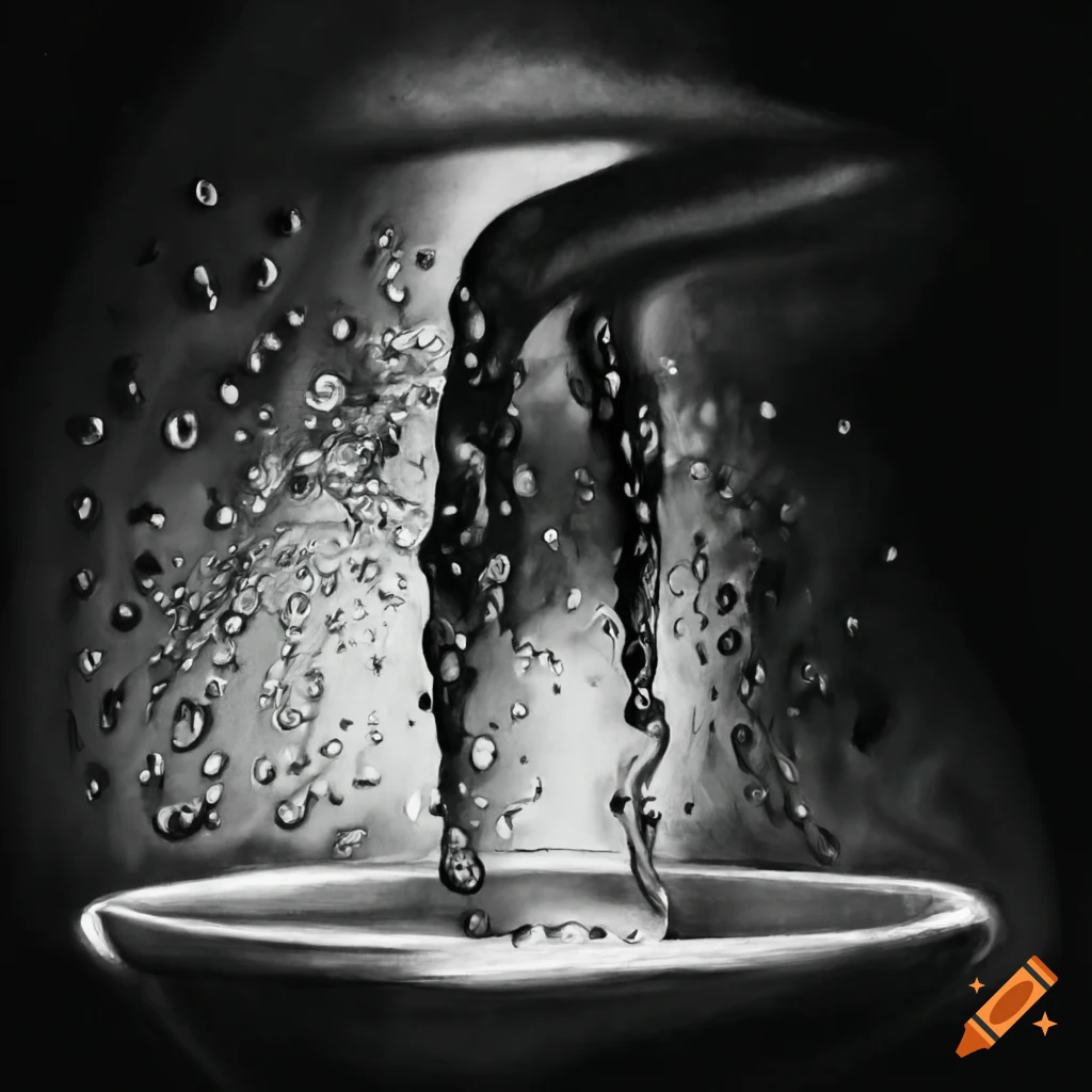 Pencil drawing of water pouring into a metal sink on Craiyon