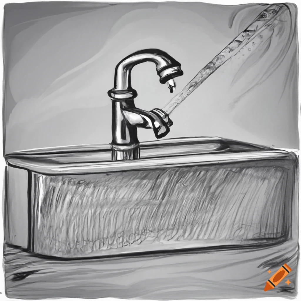 Pencil drawing of water pouring into a metal sink