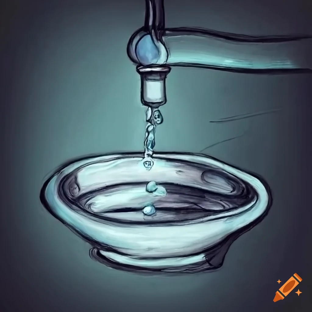 Pencil drawing of water pouring into a metal sink
