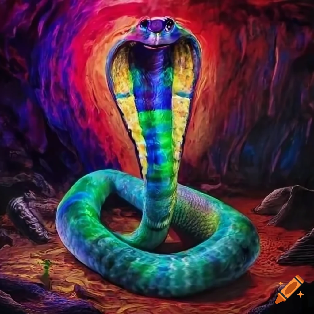 Surrealistic artwork of a cosmic cobra in rainbow colors on Craiyon