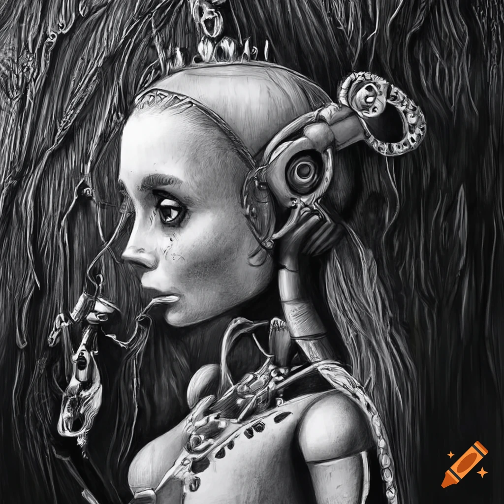 Pencil drawing of robotic alice in a surreal wonderland on Craiyon