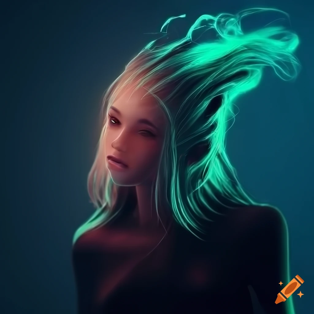 Neon-lit gender neutral android with flowing hair on Craiyon