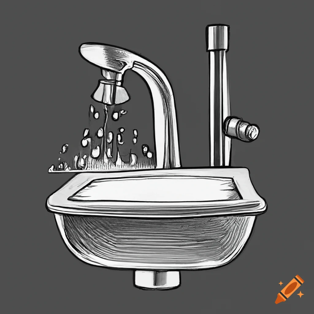 Pencil drawing of tap water pouring into a metal sink on Craiyon