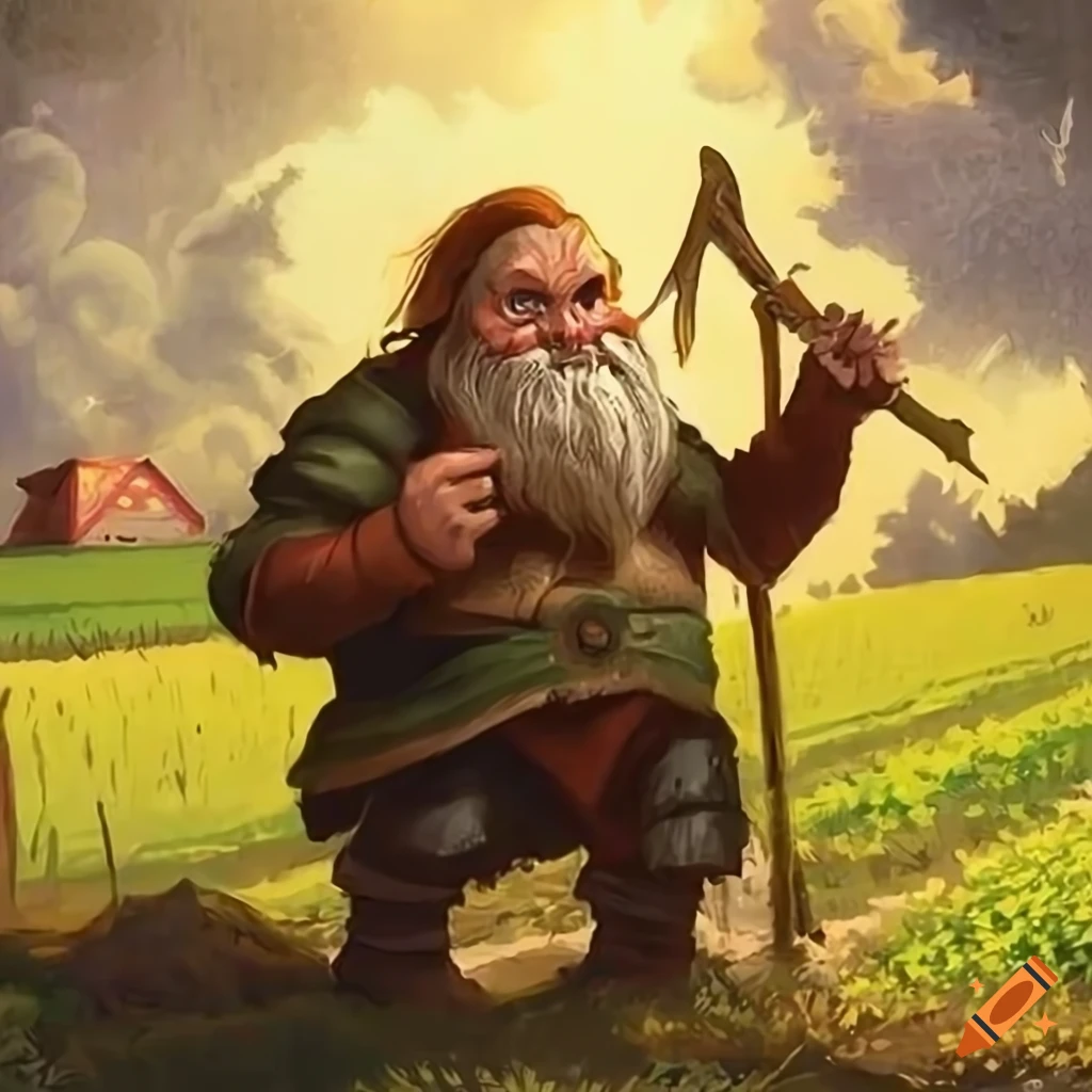 Mtg art of a grumpy dwarf farmer in front of a farm on Craiyon