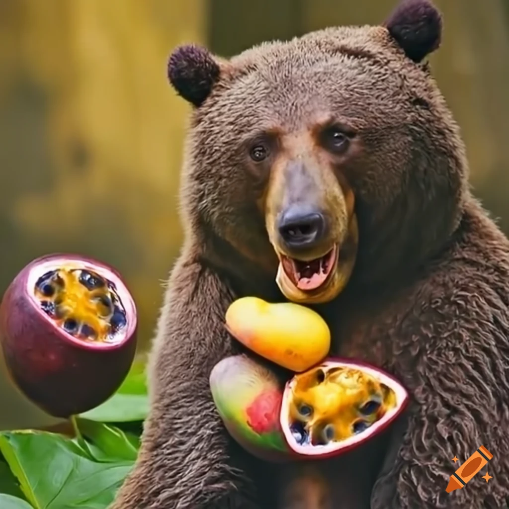 Bear enjoying a feast of mangos and passion fruits on Craiyon