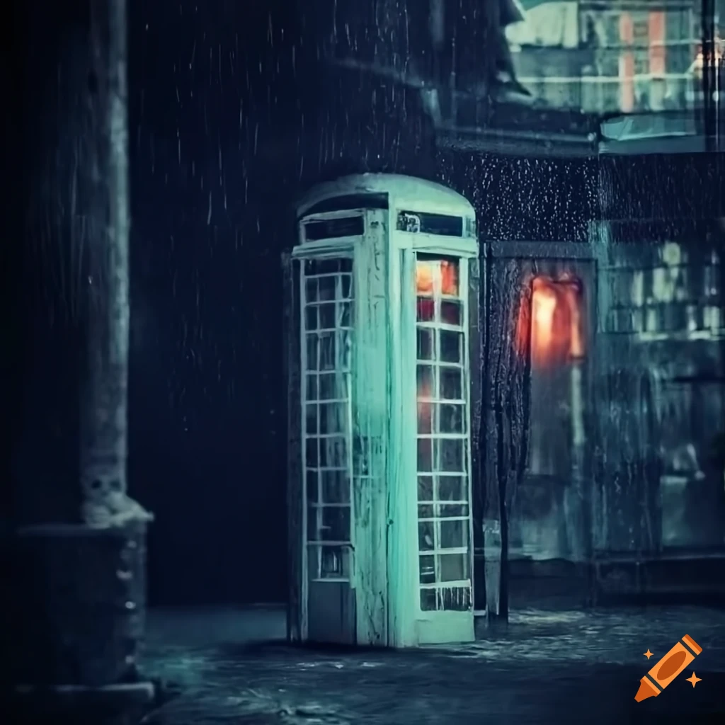 Girl leaning on a phone booth in the rain