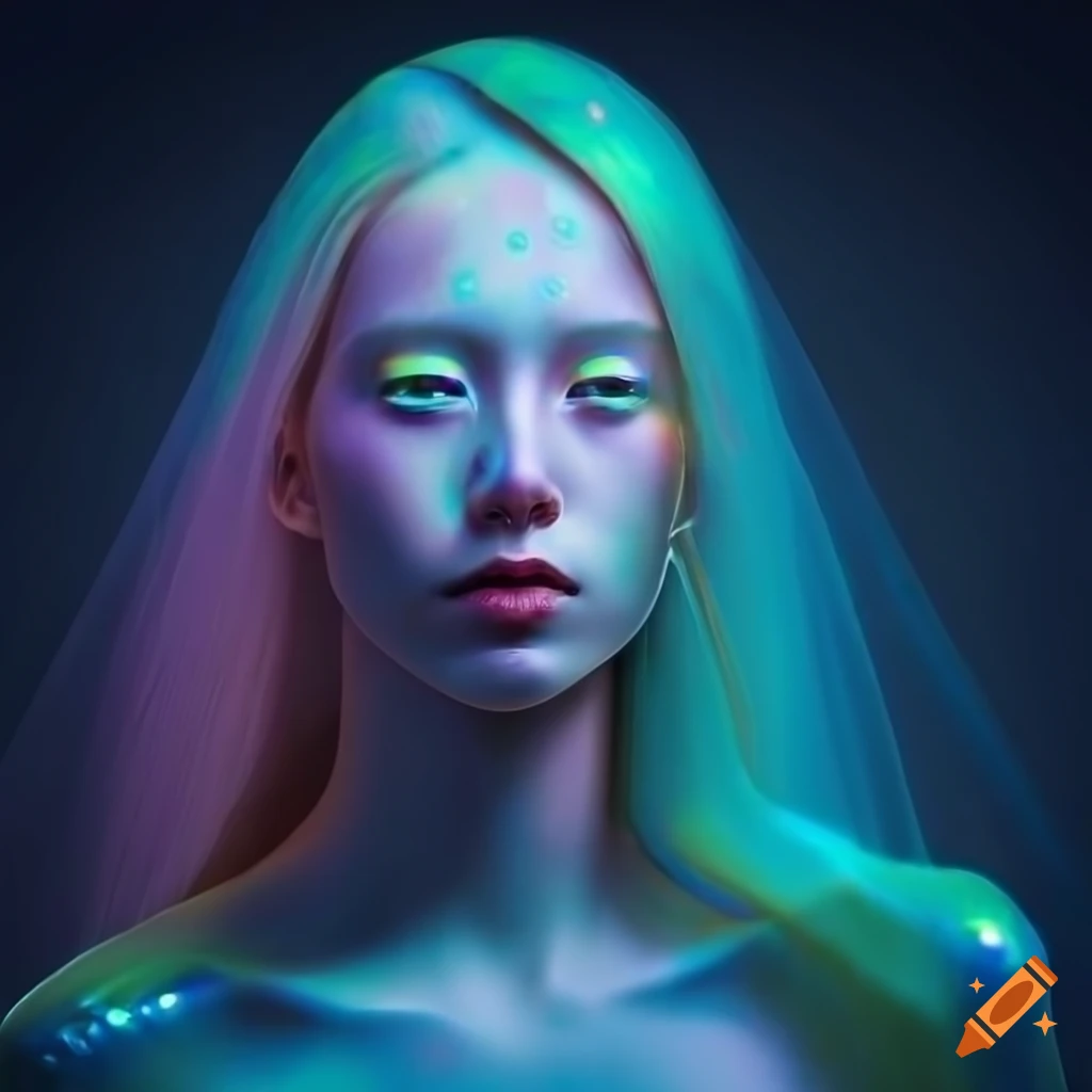 Digital art of a mesmerizing glass android surrounded by crystals on ...