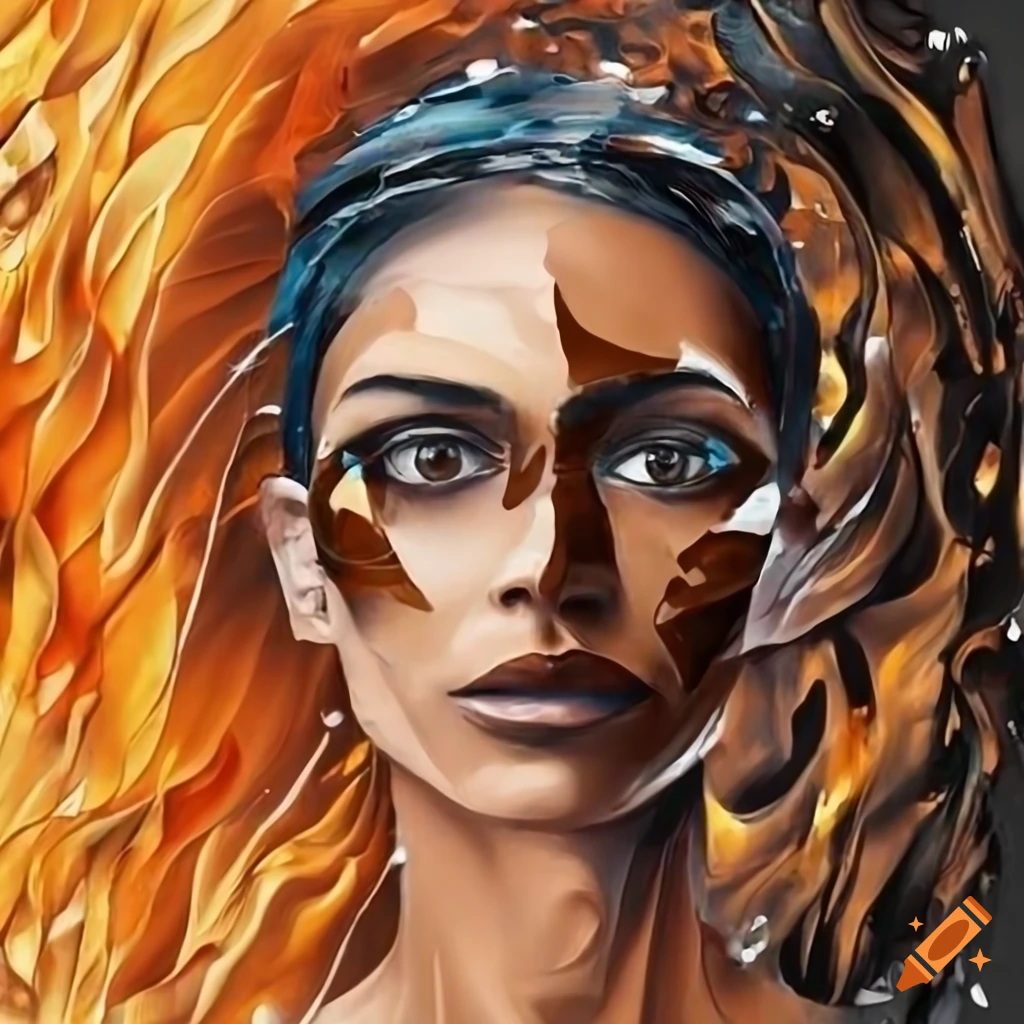 Geometric brown face painting with fire and water elements