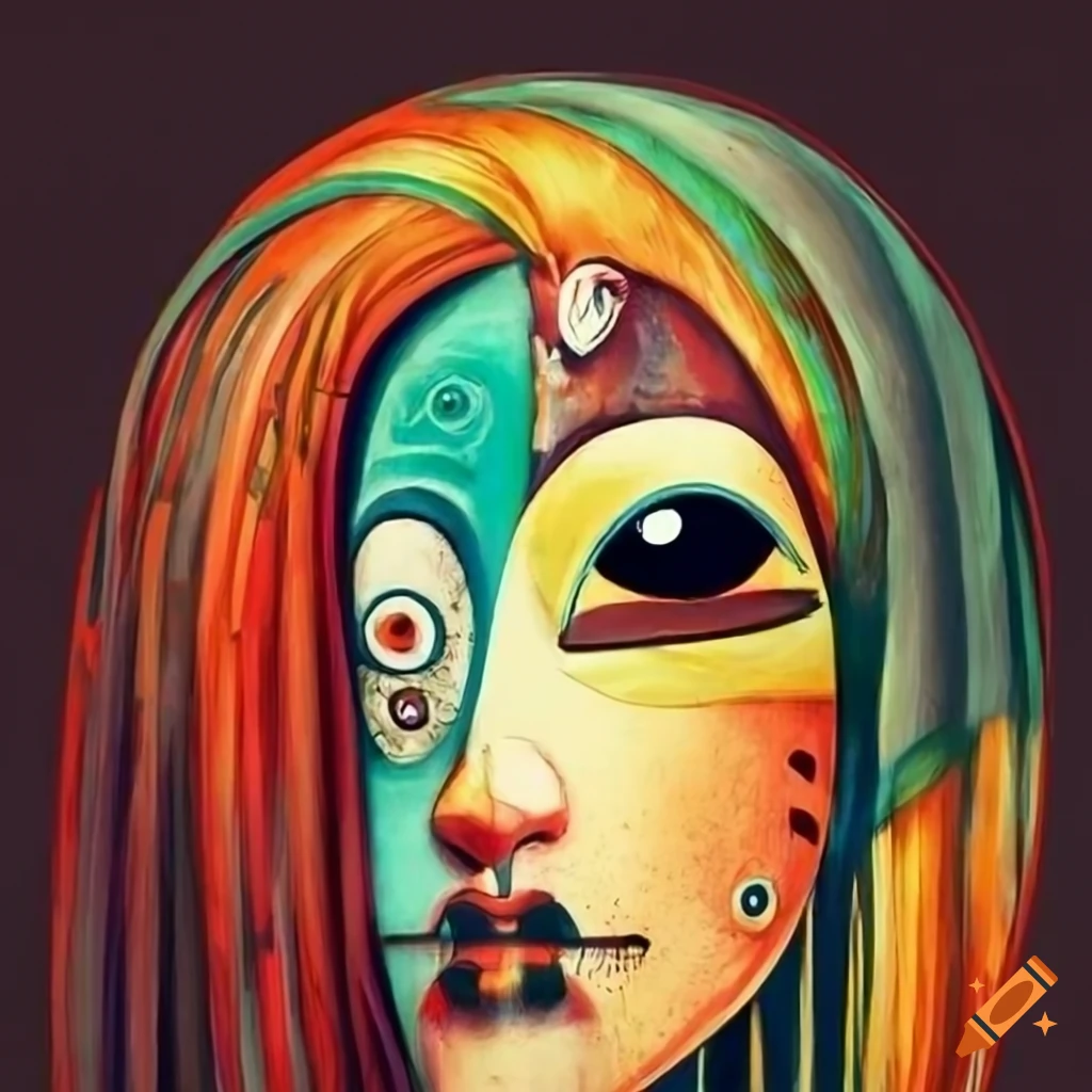 Surrealist vintage artwork of a cyborg with long hair