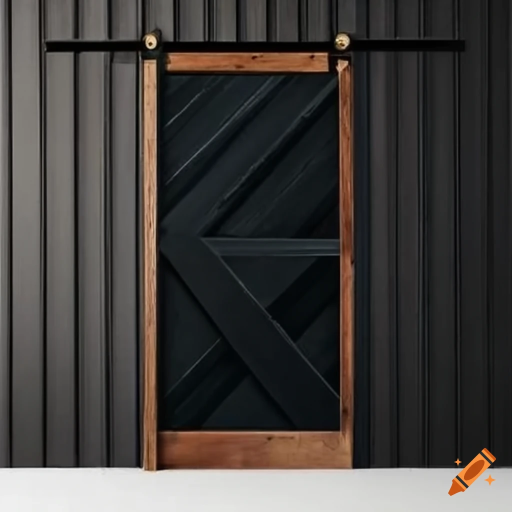 Modern black metal barn door with wooden accents