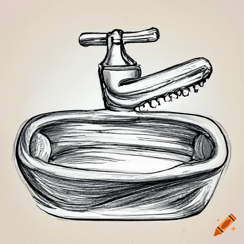 Pencil drawing of water pouring into a metal sink on Craiyon