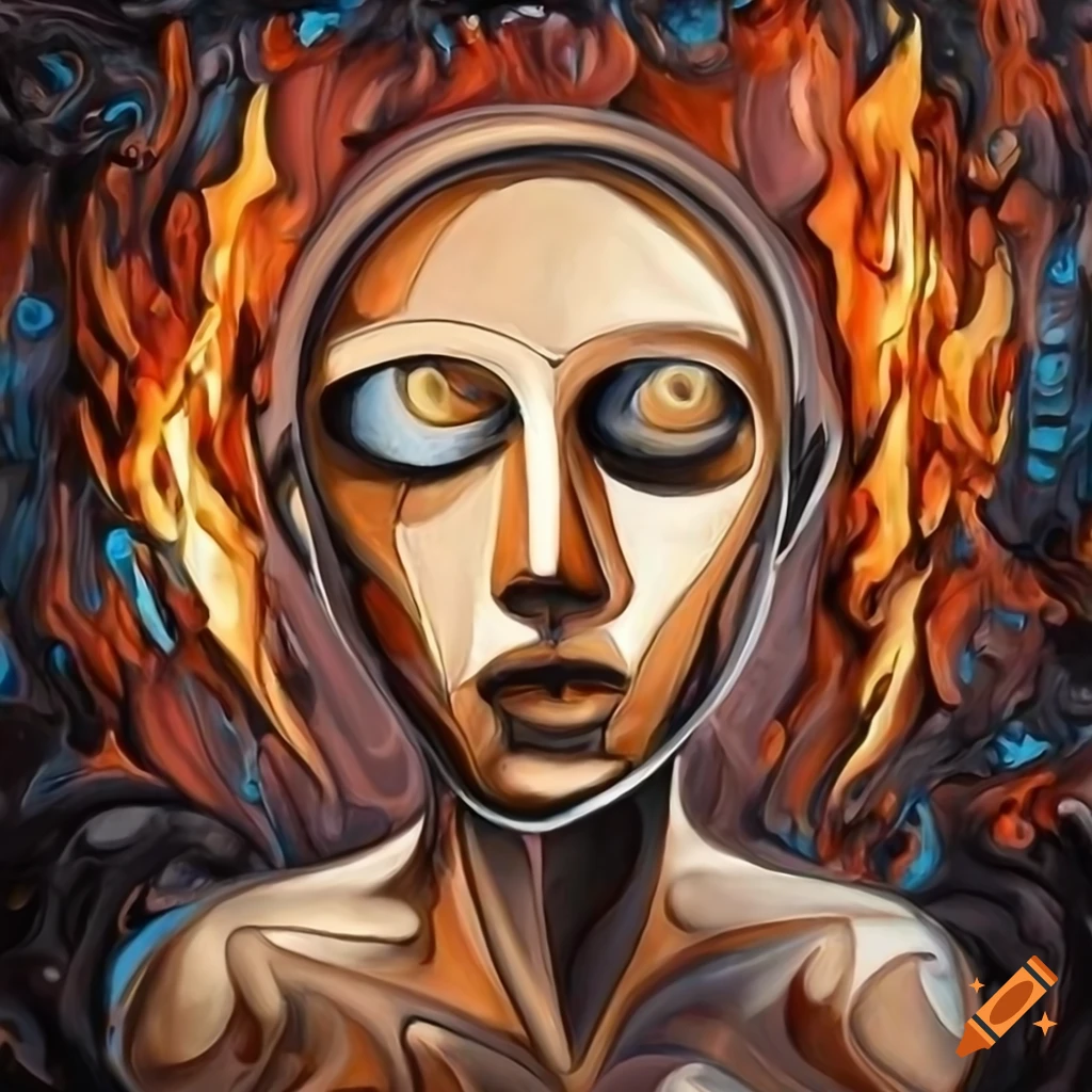 Geometric abstract painting of a face on fire and water