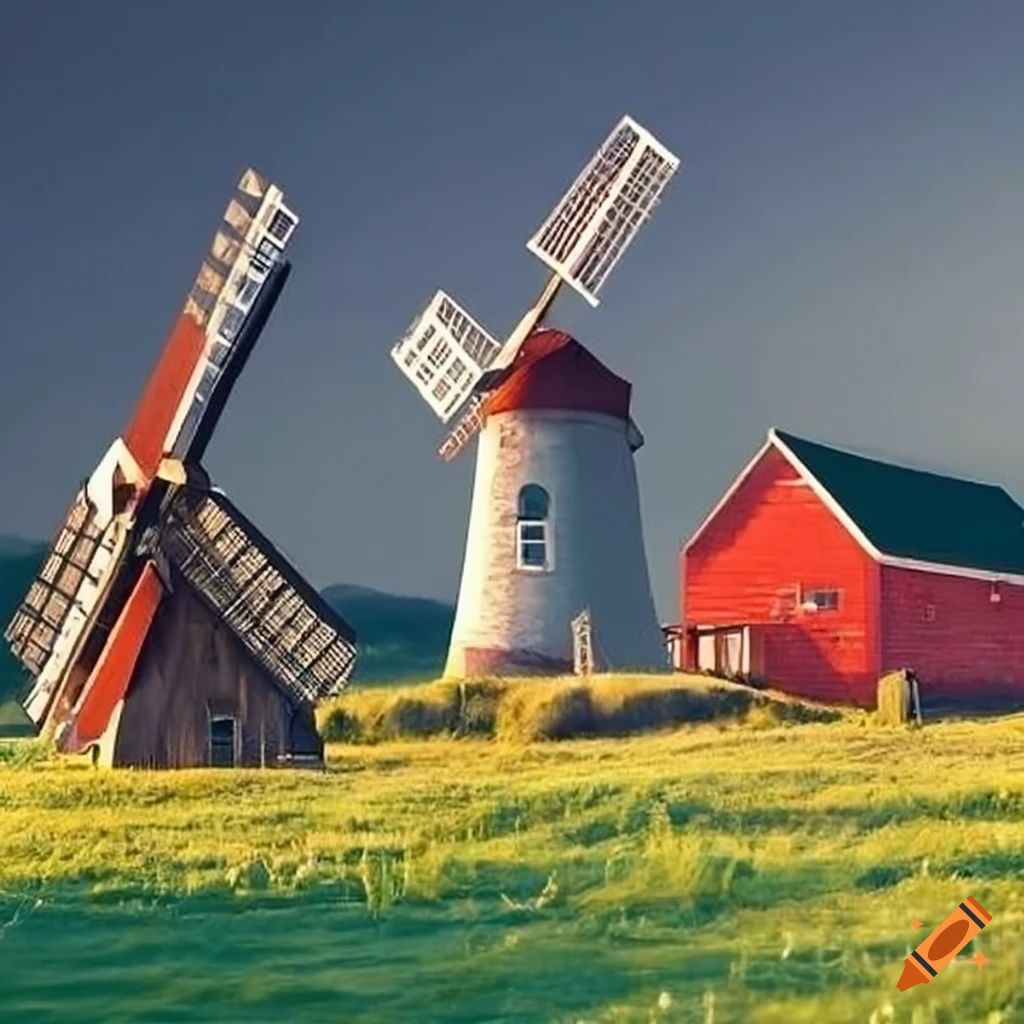 Image of a farm with animals and a windmill