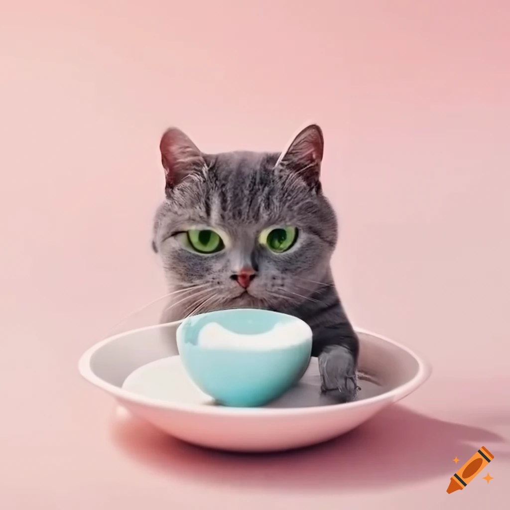 Adorable grey cat eating breakfast egg with a spoon