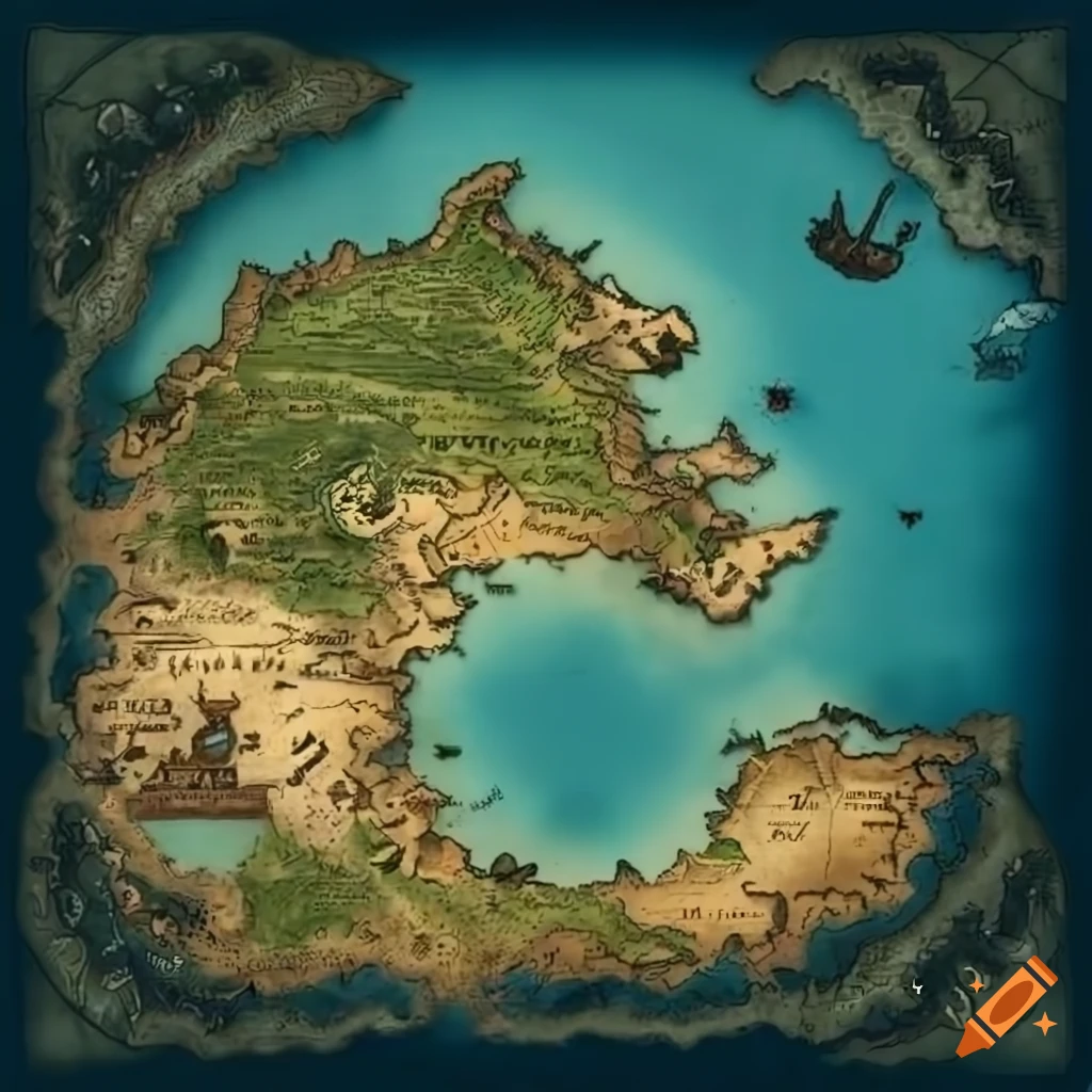 Detailed map of a medieval fantasy continent on Craiyon