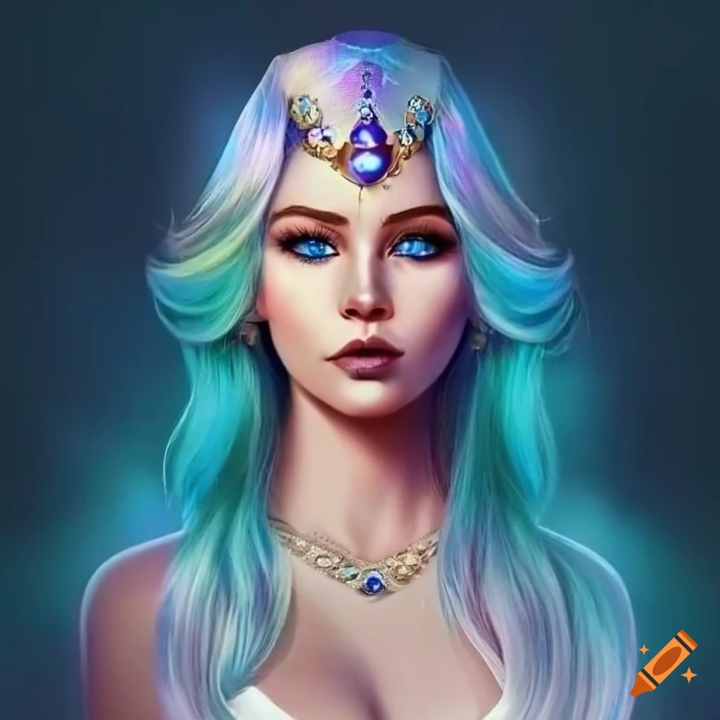 Portrait of a majestic queen with platinum hair and blue eyes on Craiyon