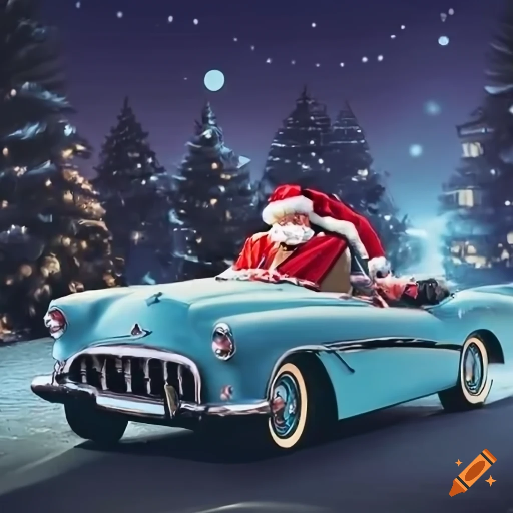 Santa driving a 1953 convertible corvette at night on Craiyon