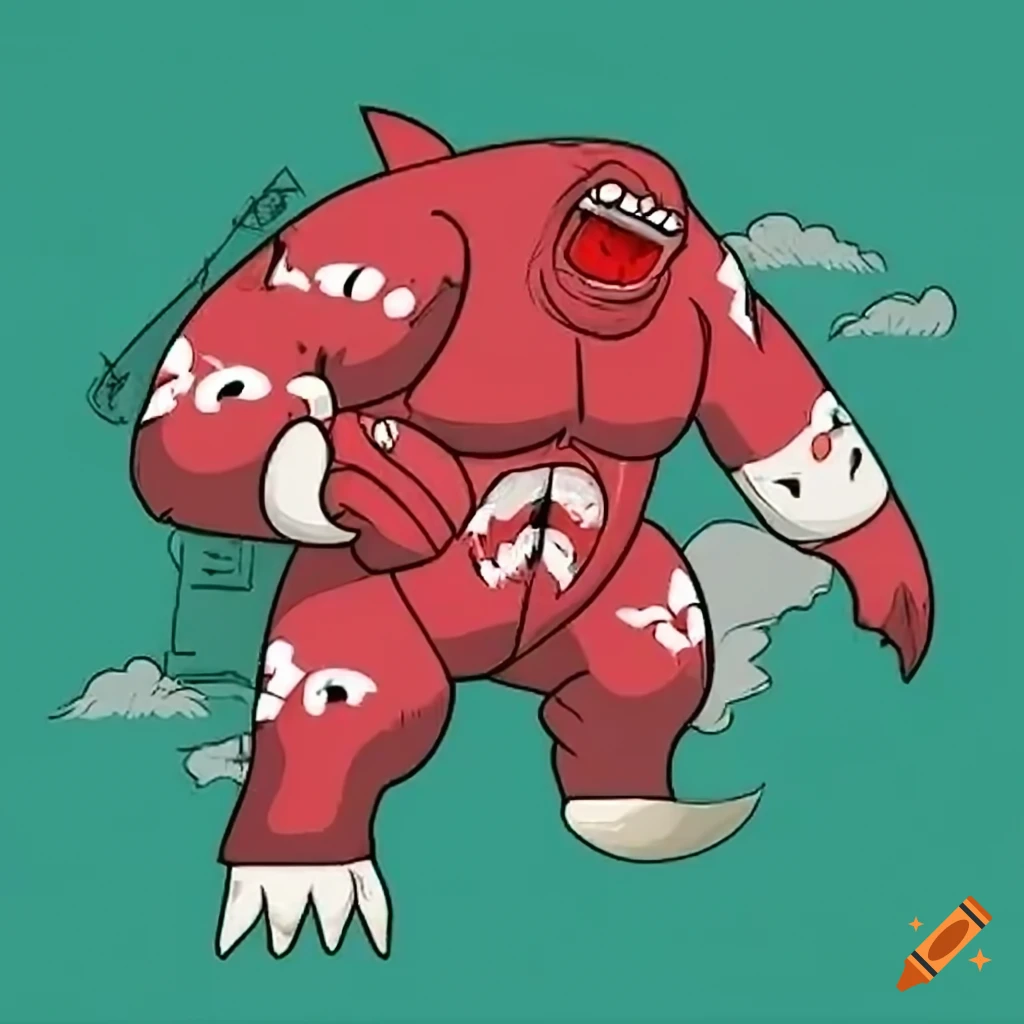 Anime-style illustration of a red yeti shark at a nuclear plant on Craiyon
