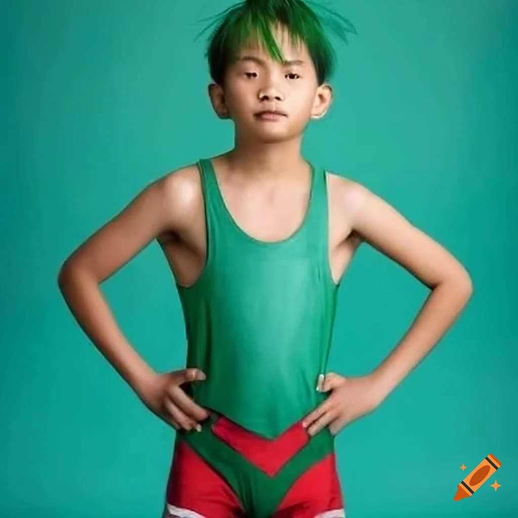 Green-haired indonesian teen boy in wrestling singlet on Craiyon
