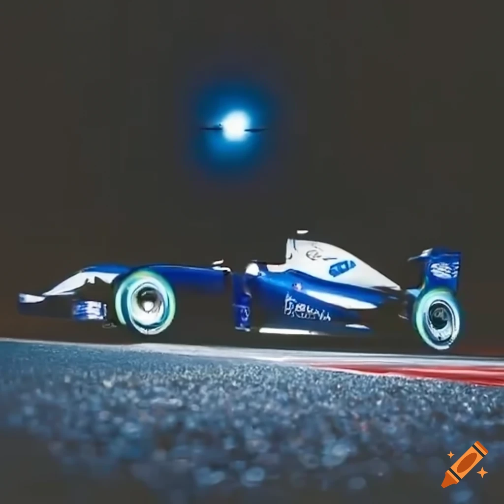 F1 car racing on a night track