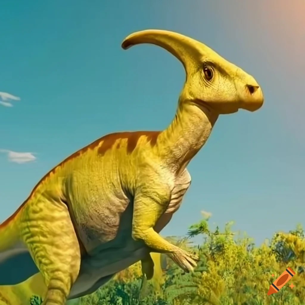 Image of a hidden yellow parasaurolophus in wild vegetation on Craiyon