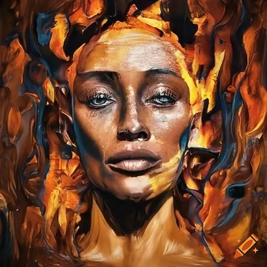 Geometric brown face painting with fire and water elements