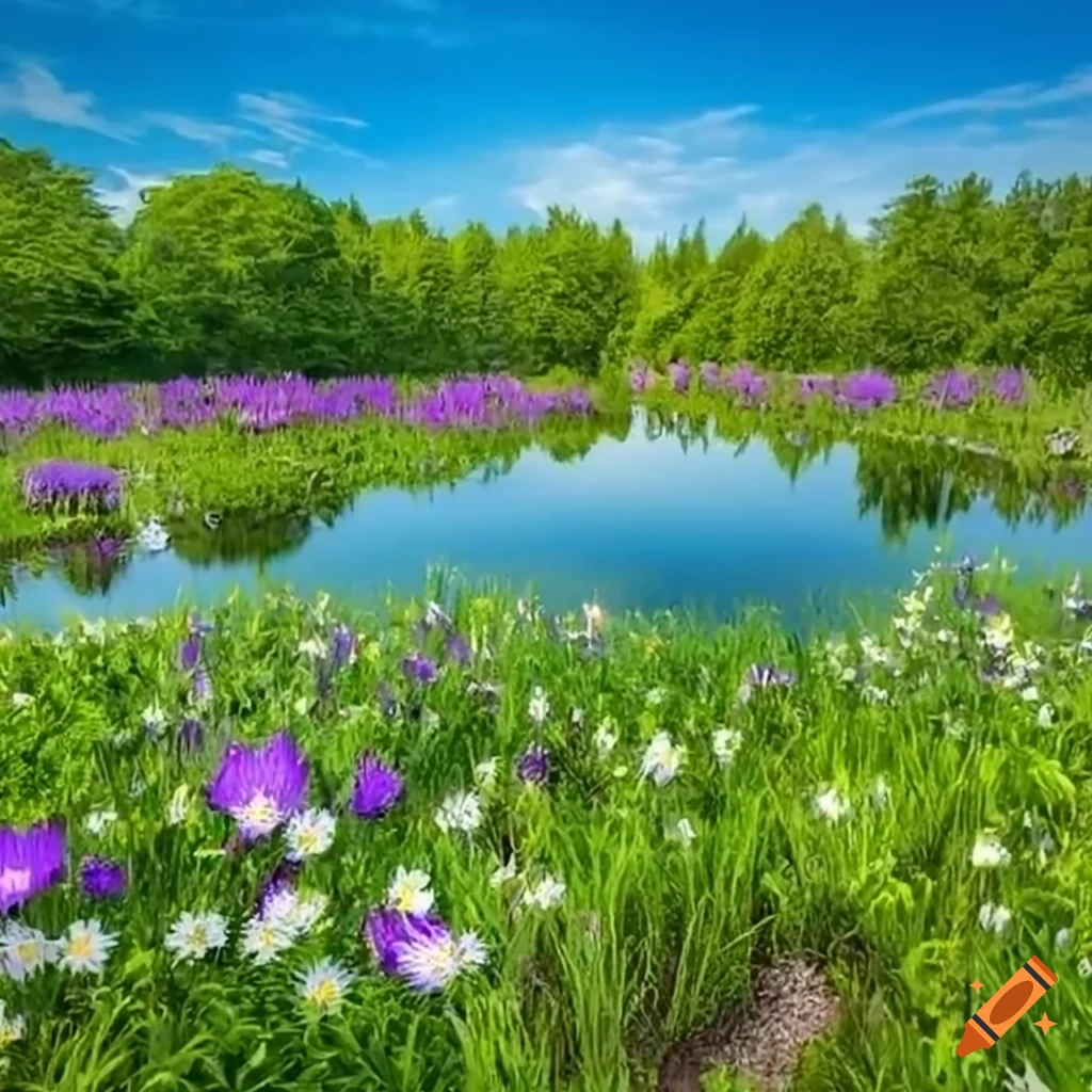 Flower field with a pond and wildlife on Craiyon