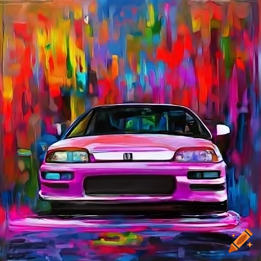 Colorful abstract painting of a honda crx at an automotive event on Craiyon