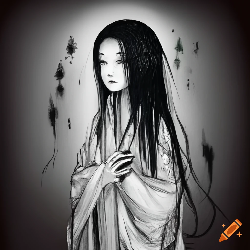 Illustration of a spooky ghost with long black hair