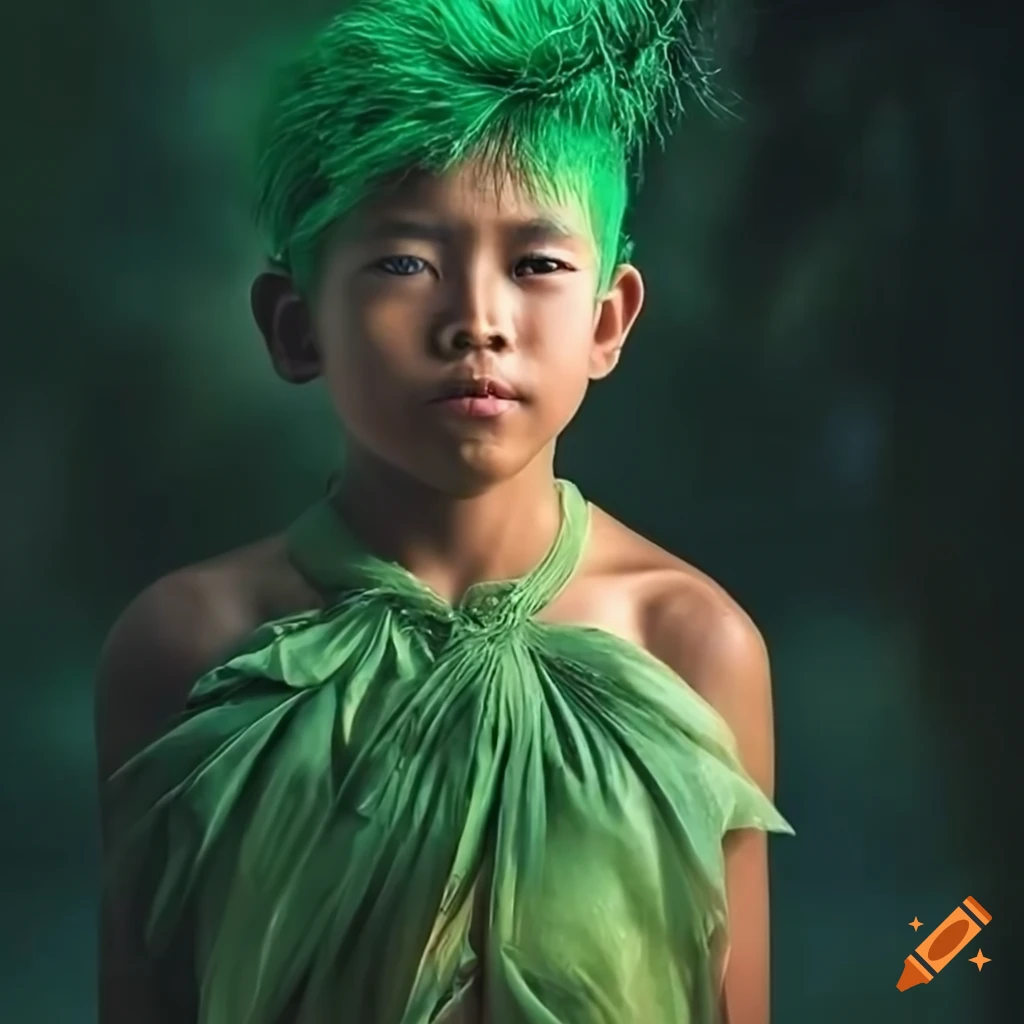 Teen boy with green hair wearing hawaii outfit
