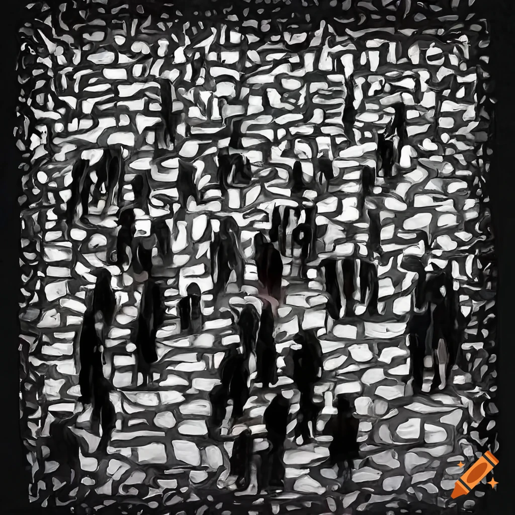 Black and white abstract mosaic painting of people in a maze on Craiyon