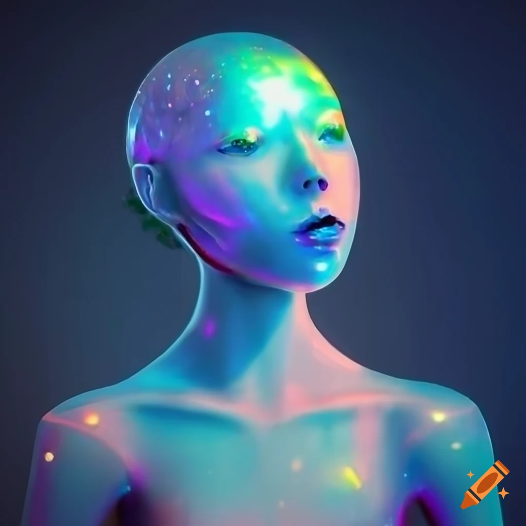 Digital Art Of A Mesmerizing Glass Android Surrounded By Crystals