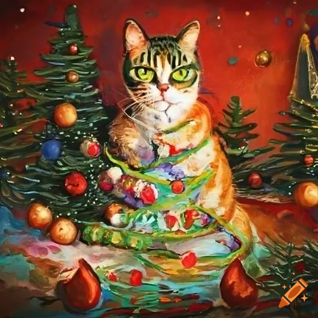Cats by a Christmas tree painting on Craiyon