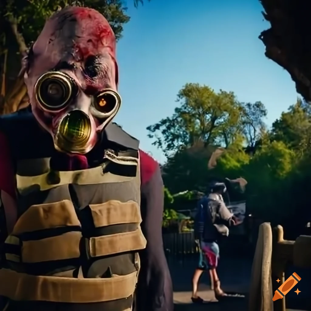 Zombie wearing a bulletproof vest and gas mask at Disney World on Craiyon