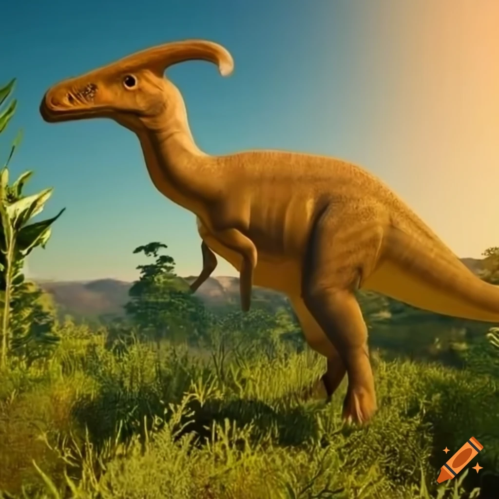 Image of a tall beige parasaurolophus in sunny vegetation
