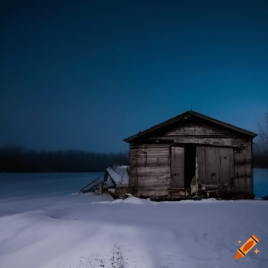 Night scene of snowy field with abandoned shed and distant factory on ...