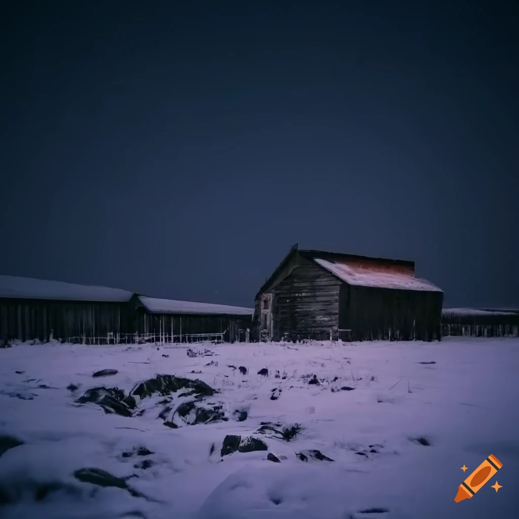 Night scene of snowy field with abandoned shed and distant factory on ...
