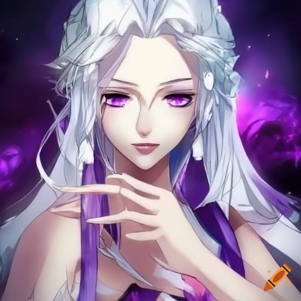 Artwork of a divine anime goddess with purple eyes and white hair on ...