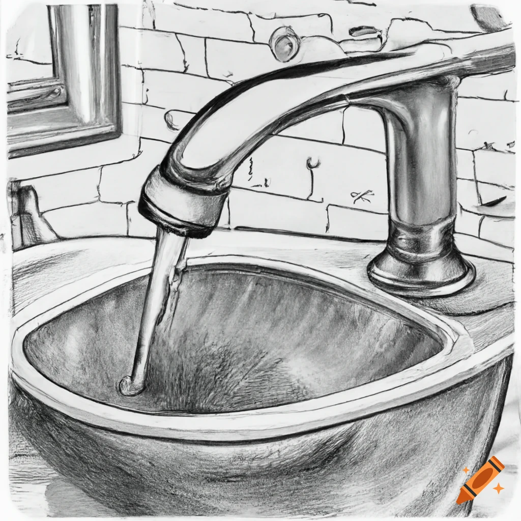 Pencil drawing of water pouring into a sink on Craiyon