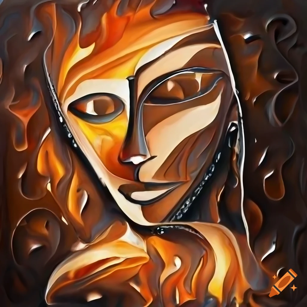 Abstract painting of a face on fire and water