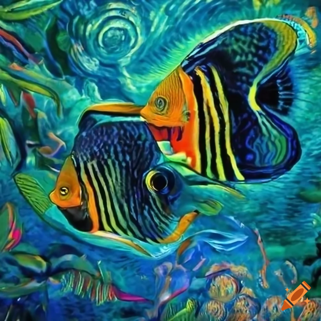 Van gogh's painting of neon angelfish swimming on Craiyon