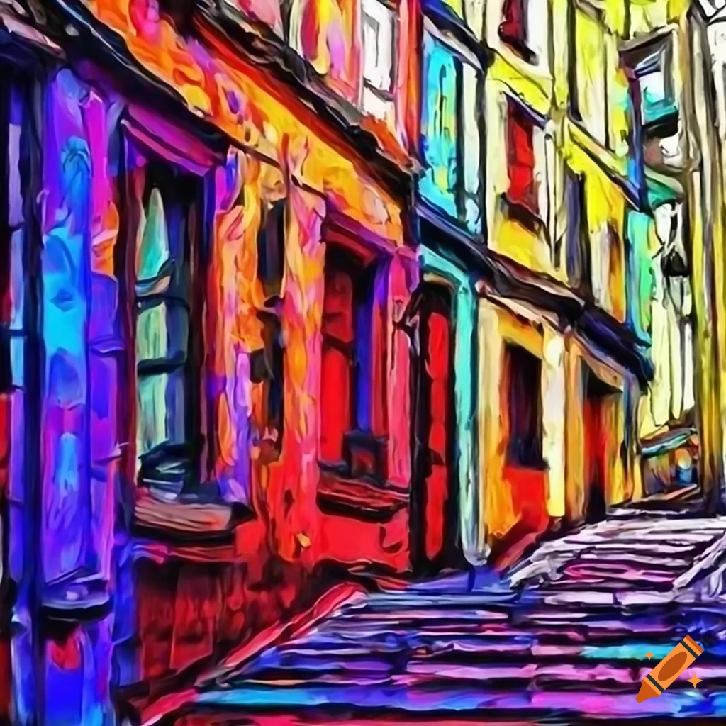 Colorful close-up painting of buildings on Craiyon